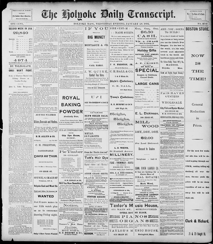 The Holyoke Daily Transcript. January 20, 1892 - Digital Commonwealth