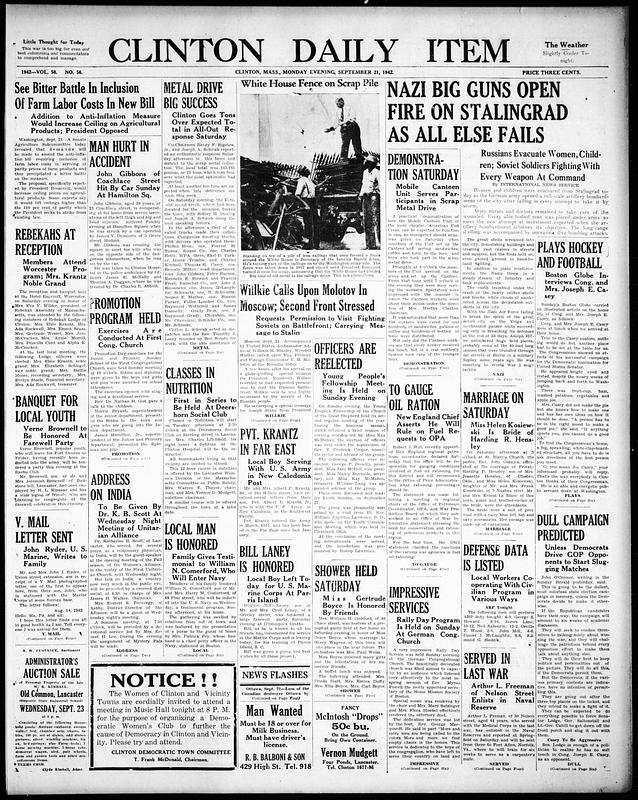 Clinton Daily Item. September 21, 1942 - Digital Commonwealth