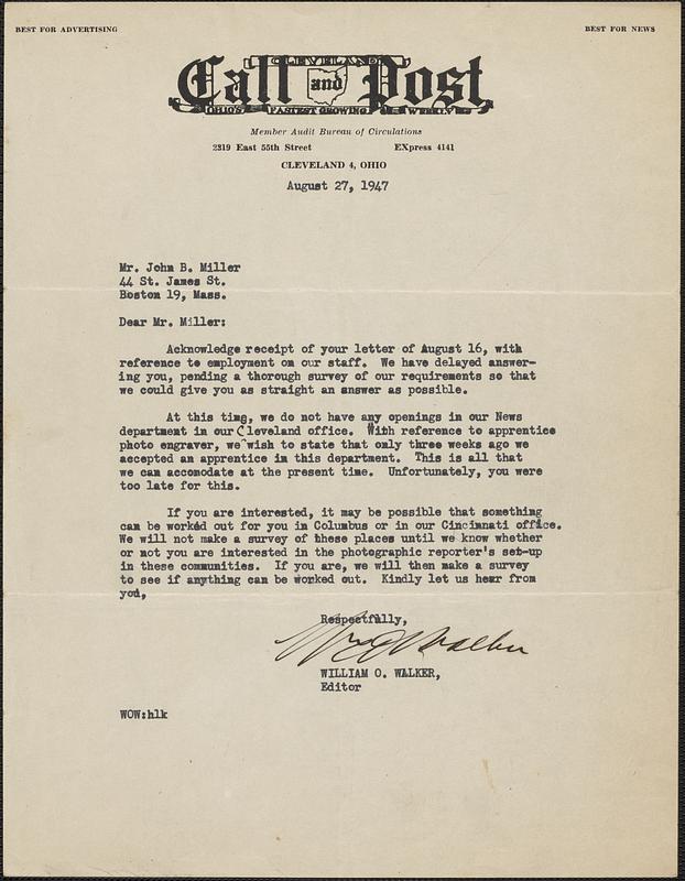 Letter from William O. Walker, Cleveland, Ohio, to Jack Miller, Boston ...