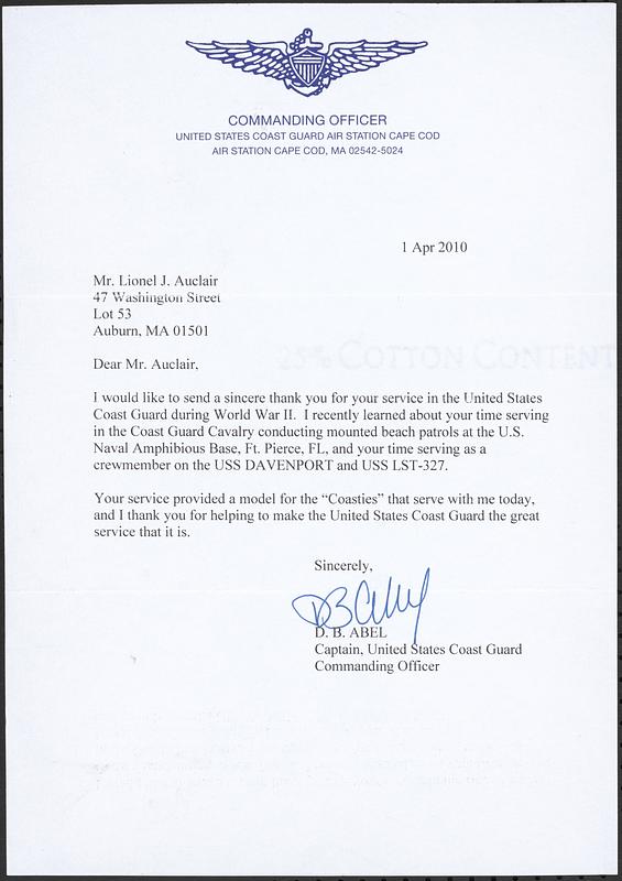 Letter to Lionel J. Auclair from D. B. Abel, 1 April 2010 - Digital ...