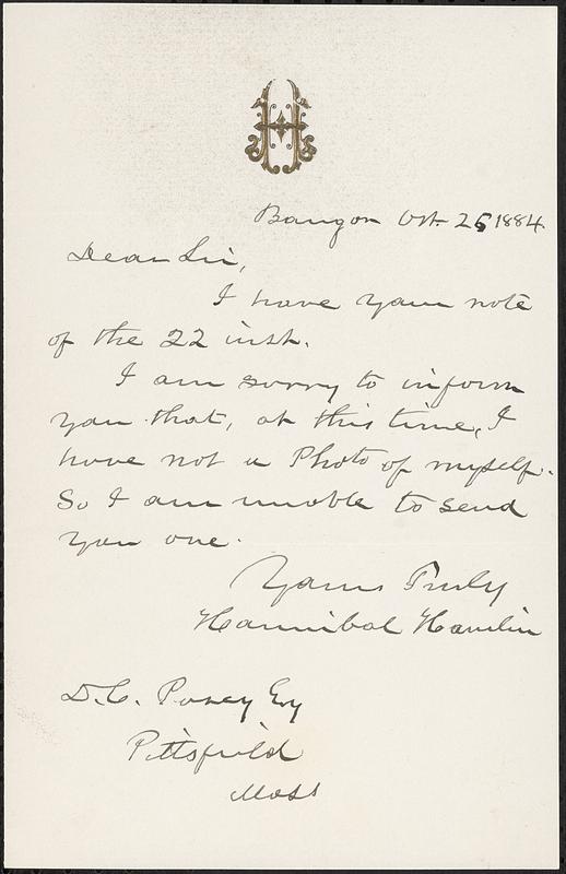 Letter from Hannibal Hamlin, Bangor, to Darwin C. Pavey, Pittsfield ...