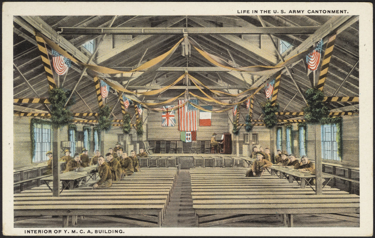 Life in the U.S. Army cantonment. Interior of Y.M.C.A. building ...