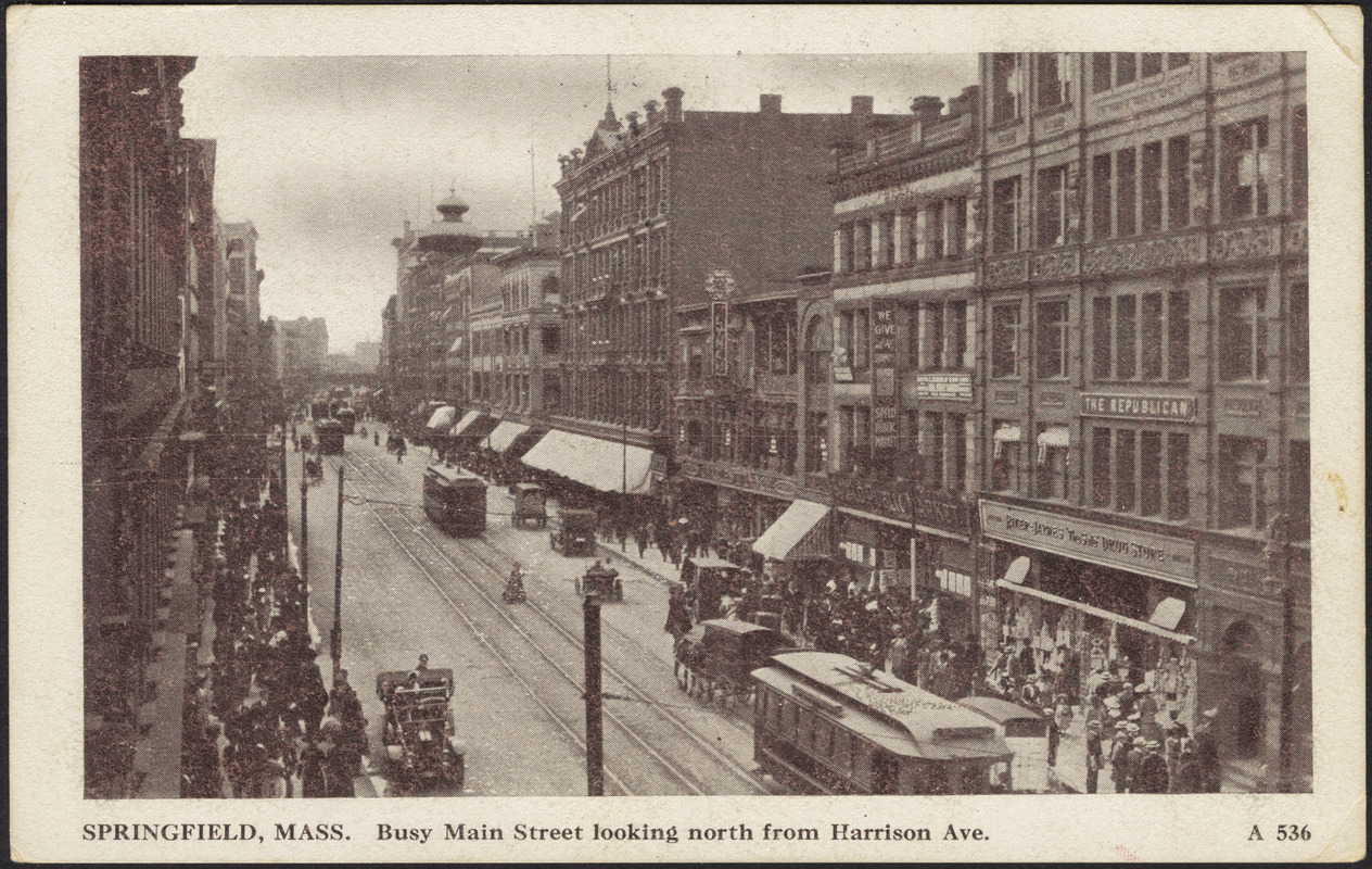 Springfield, Mass. Busy Main Street looking north from Harrison Ave ...