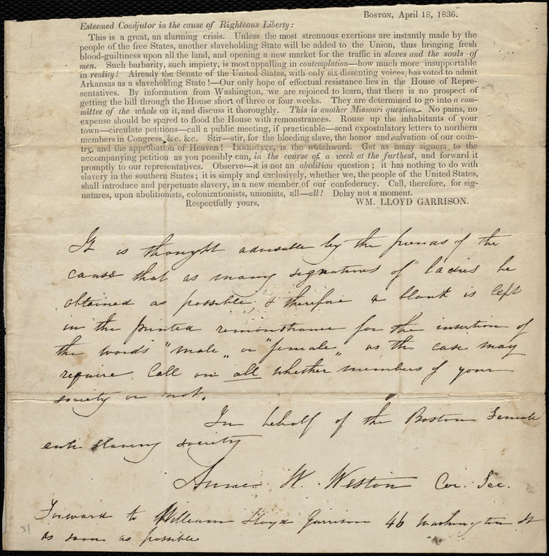 Letter from Anne Warren Weston to William Lloyd Garrison, [ca. April 18 ...