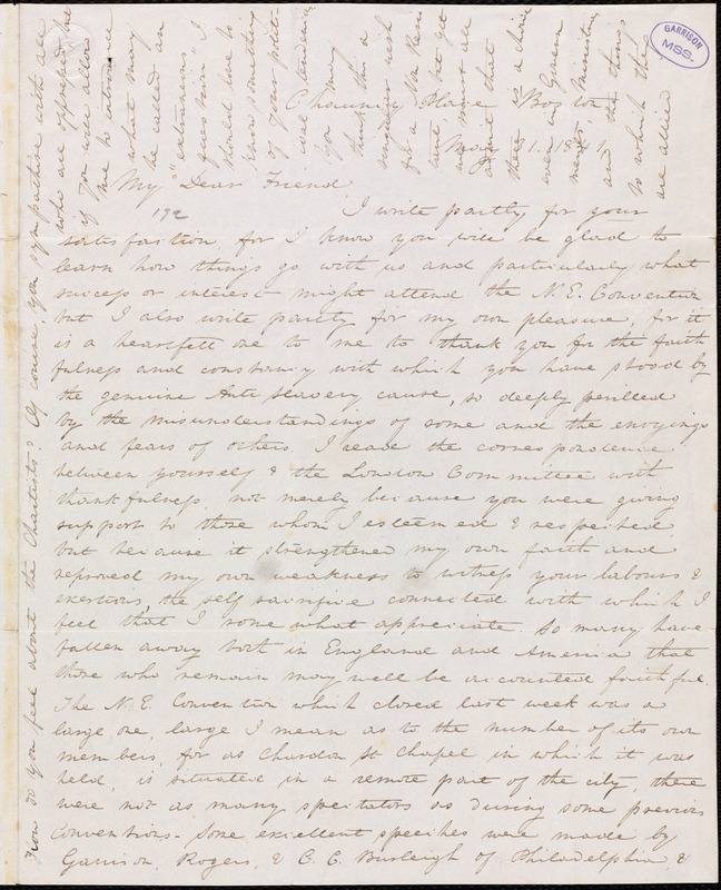 Letter from Anne Warren Weston, Chauncy Place, Boston, to Elizabeth ...