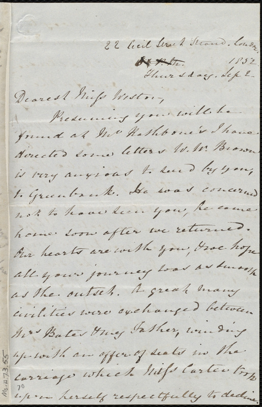 Letter from Mary Anne Estlin, 22 Cecil Street, Strand, London, [England ...