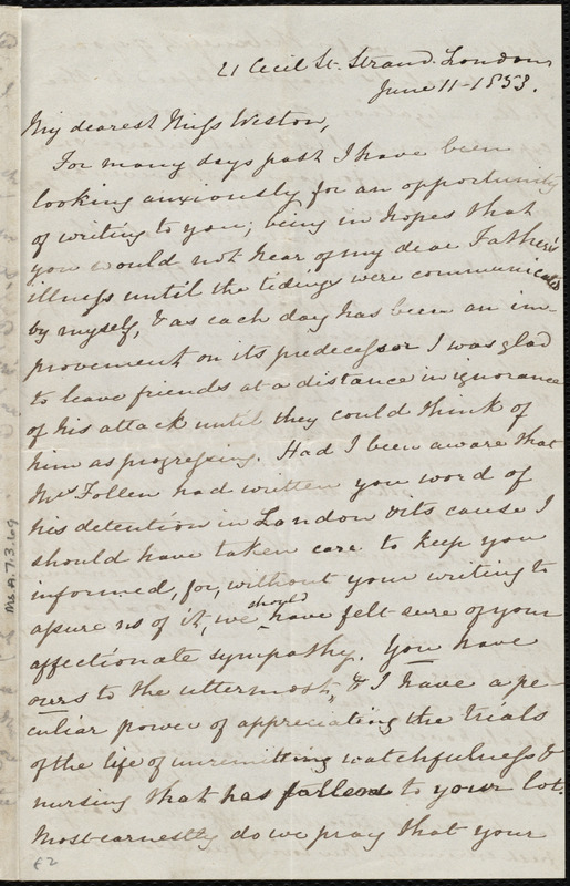 Letter from Mary Anne Estlin, 21 Cecil Street, Strand, London, [England ...