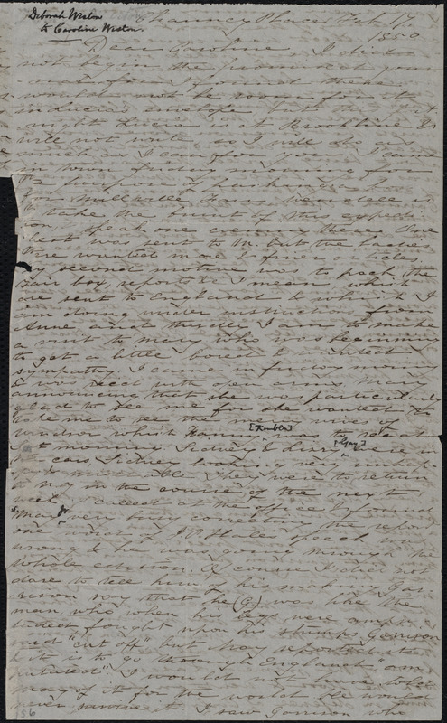 Letter from Debora Weston, Chauncy Place, [Boston, Mass.], to Caroline ...