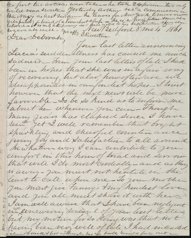 Letter from Joseph Ricketson, New Bedford, [Mass.], to Debora Weston, 8 ...