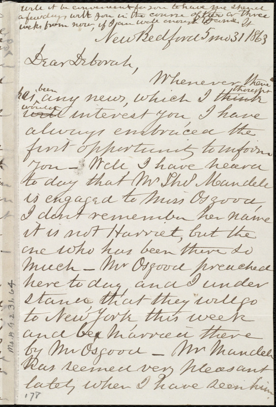 Letter from Joseph Ricketson, New Bedford, [Mass.], to Deborah Weston ...