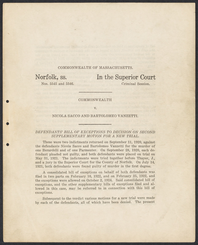 Sacco-Vanzetti Case Records, 1920-1928. Prosecution Papers. Ranney ...