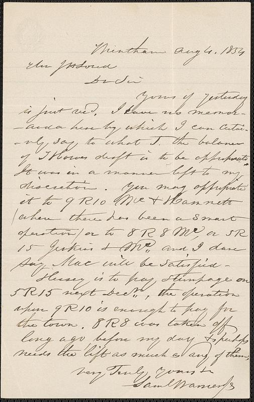 Samuel Warner to J. H. Loud Treasurer, 6 August 1854 - Digital Commonwealth