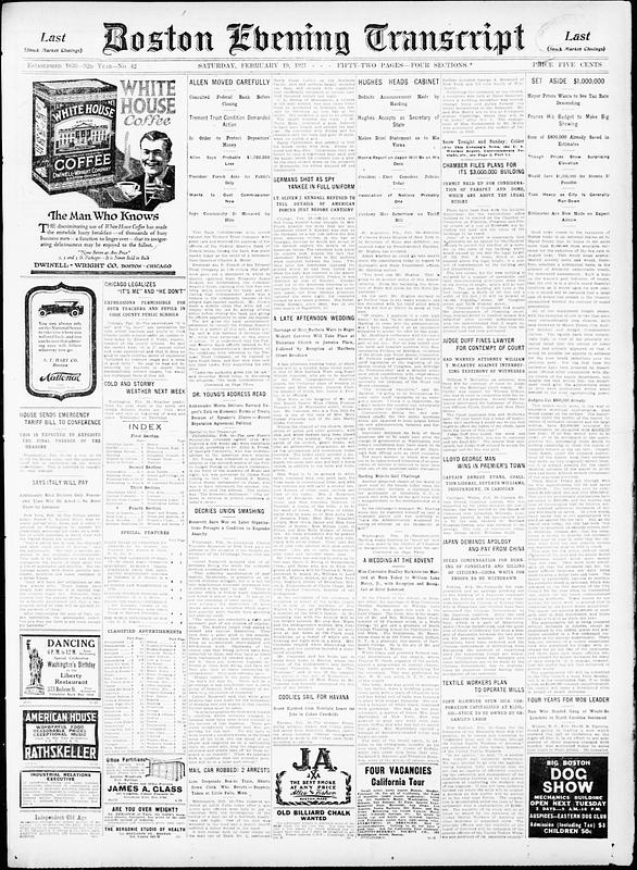 Boston Evening Transcript. February 19, 1921 - Digital Commonwealth