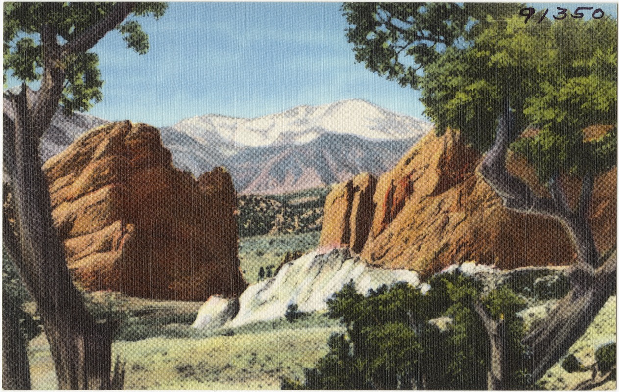 Pikes Peak (alt. 14,110 ft.) and the Gateway to the Garden of the Gods ...