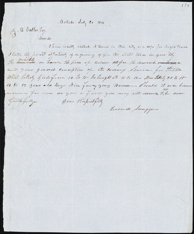 Frederick Scruggs, Mobile, Ala., autograph letter signed to Ziba B ...