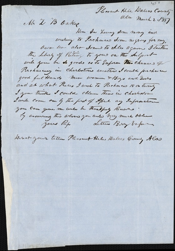 Letter Berry Vogue, Pleasant Hill Dallas Co., Ala., autograph note ...