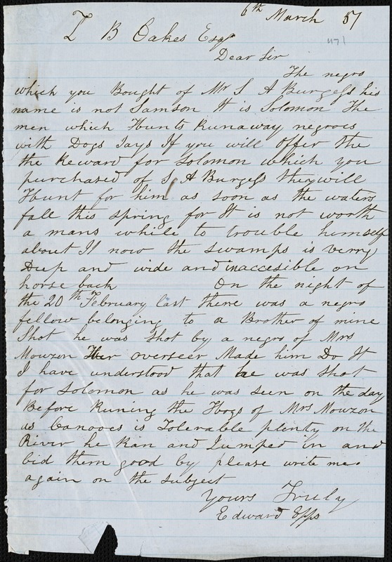 Edward Epps, autograph letter signed to Ziba B. Oakes, 6 March 1857 ...
