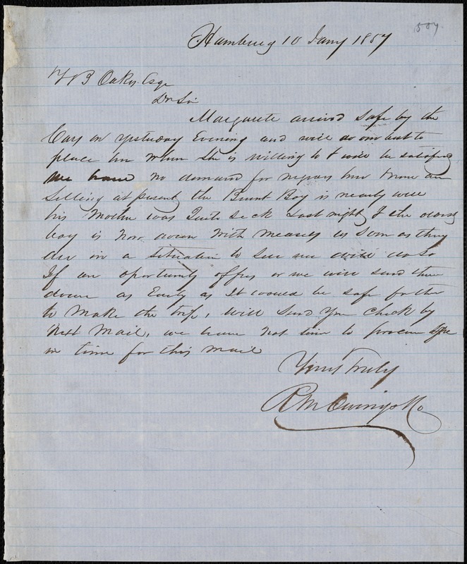Owings, R.M. & Co., Hamburg, manuscript letter signed to Ziba B. Oakes ...