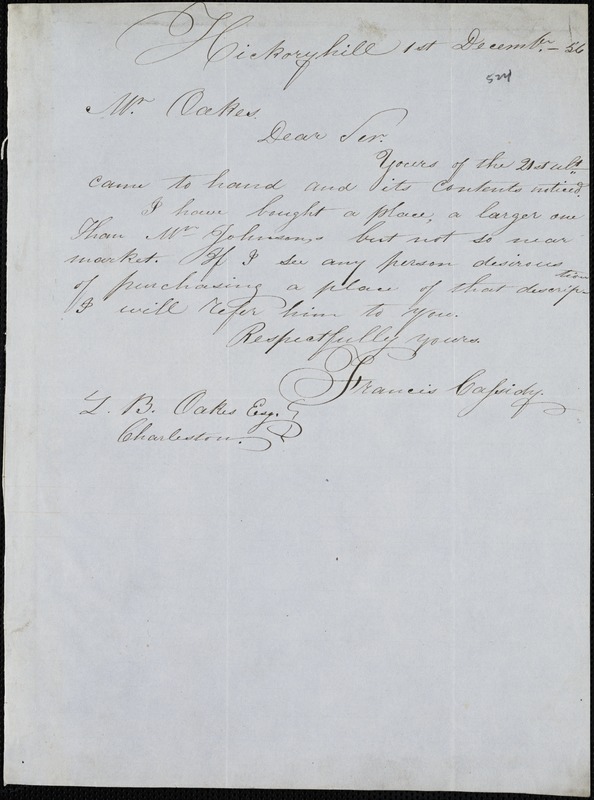 Francis Cassidy, Hickory Hill, Va. [?], autograph note signed to Ziba B ...