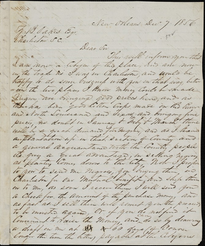 James H. Bryan, New Orleans, La., autograph letter signed to Ziba B ...
