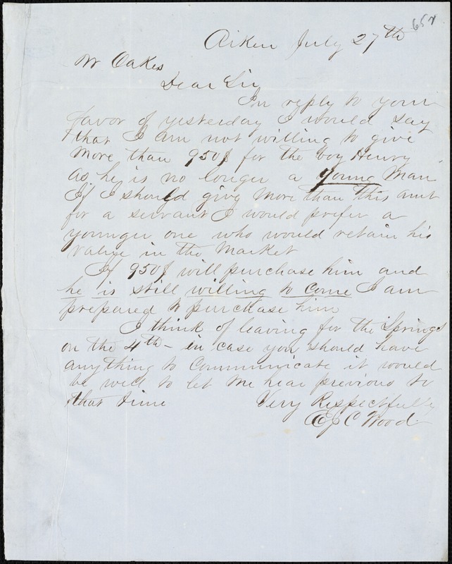 E.J.C. Wood, Aiken, S.C., autograph note signed to Ziba B. Oakes, 27 ...