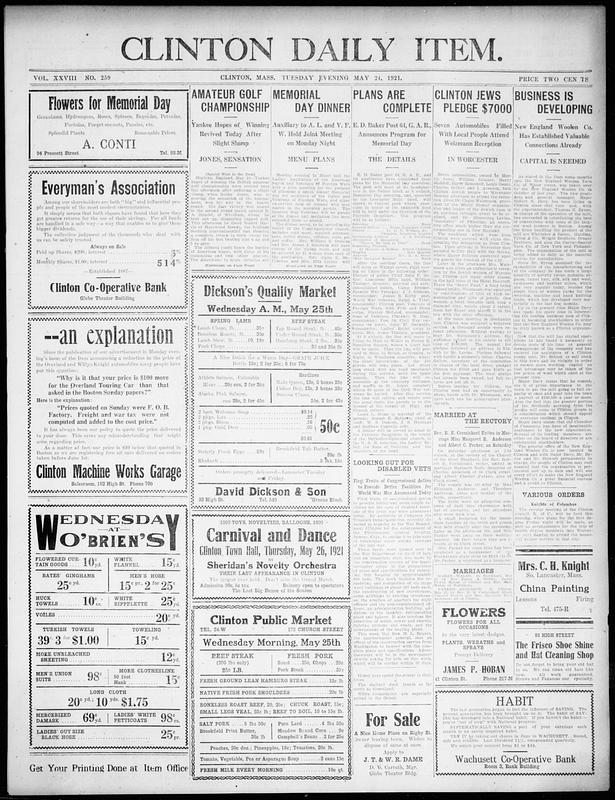 Clinton Daily Item. May 24, 1921 - Digital Commonwealth