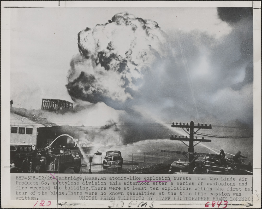 An atomic-like explosion bursts from the Linde Air Products Co ...