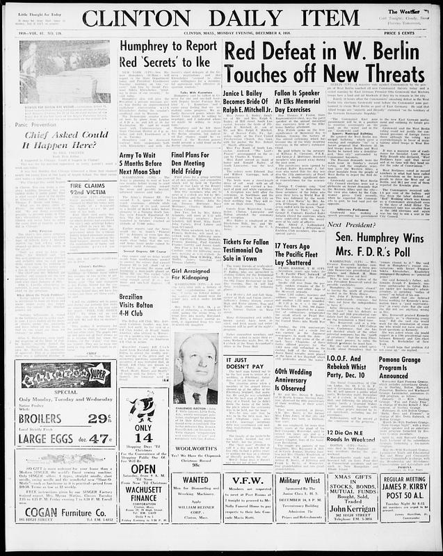 Clinton Daily Item. December 08, 1958 - Digital Commonwealth