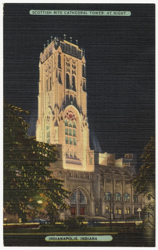 Scottish Rite Cathedral Tower at night - Digital Commonwealth