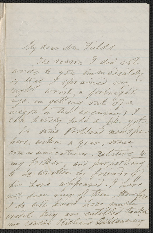 Elizabeth Hawthorne autograph letter signed to James Thomas Fields ...