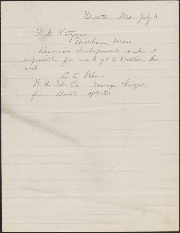 Letter from C. C. Palmer to Frederick G. Katzmann, District Attorney ...