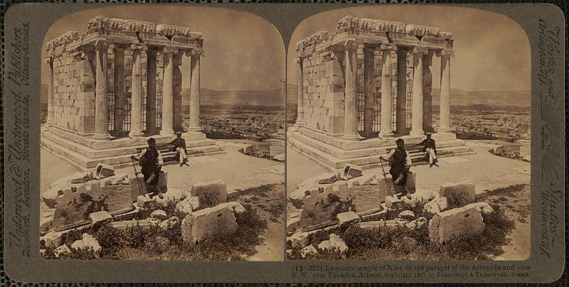 Exquisite temple of Nike on the parapet of the Acropolis and view N.W ...