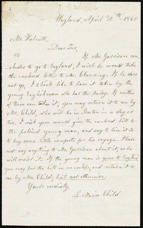 Letter from Lydia Maria Child, Wayland, to Robert Folger Wallcut, April ...