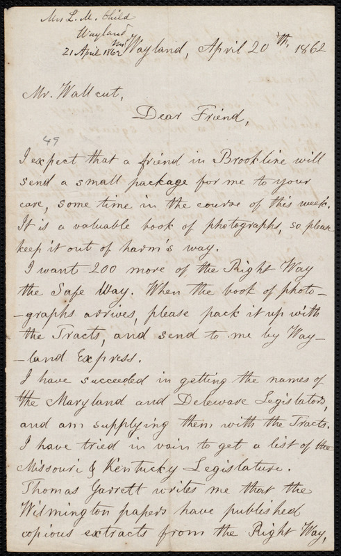 Letter from Lydia Maria Child, Wayland, to Robert Folger Wallcut, April ...