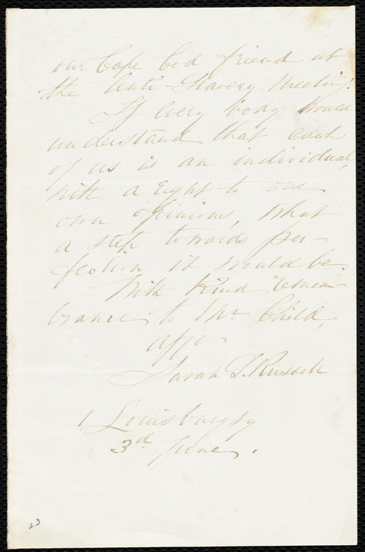 Incomplete letter from Sarah L. Russell, 1 Louisburg Sq., [Boston], to ...