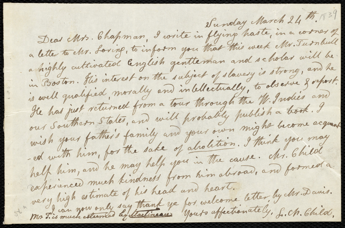 Letter from Lydia Maria Child to Maria Weston Chapman, Sunday March ...