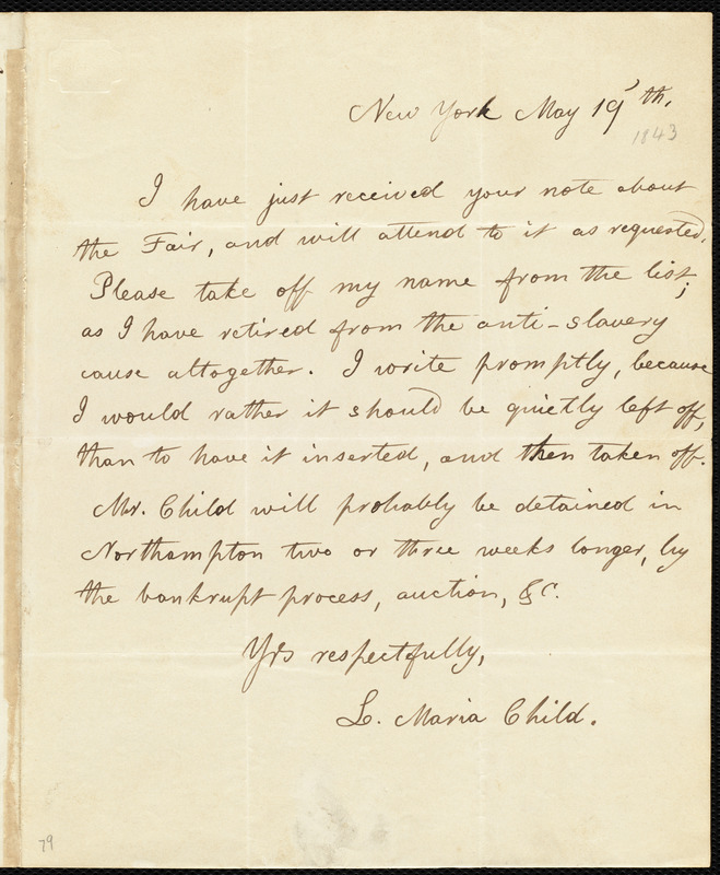 Letter from Lydia Maria Child, New York, to Maria Weston Chapman, May ...