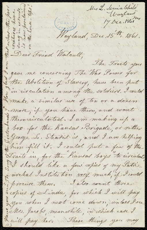 Letter from Lydia Maria Child, Wayland, to Robert Folger Wallcut, Dec ...