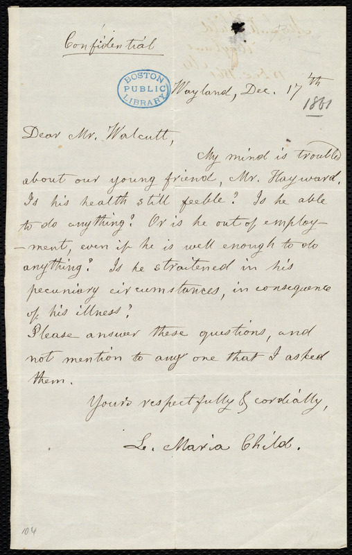 Letter from Lydia Maria Child, Wayland, to Robert Folger Wallcut, Dec ...