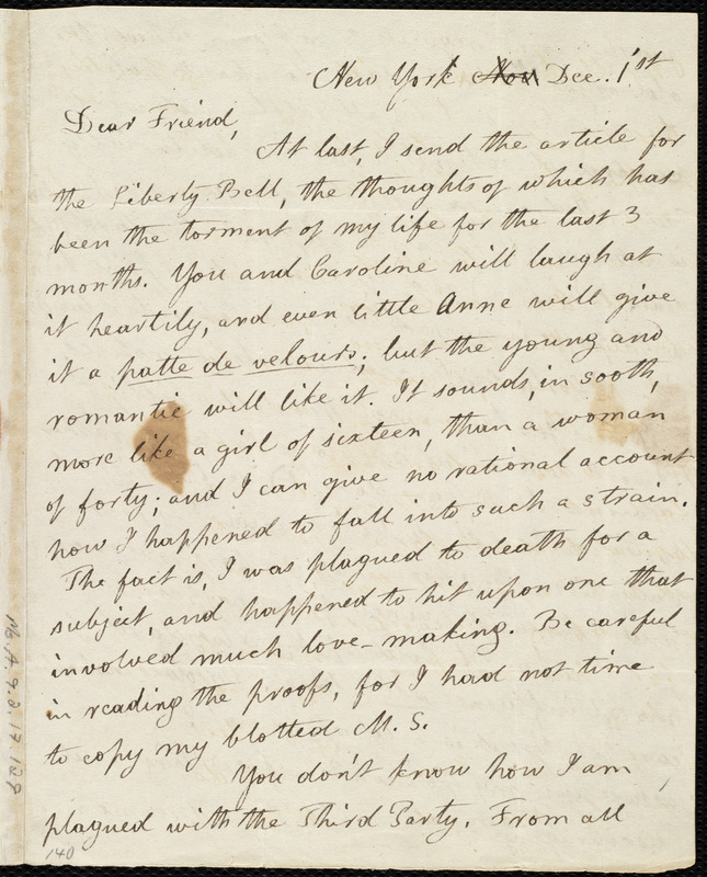Letter from Lydia Maria Child, New York, to Maria Weston Chapman, Dec ...