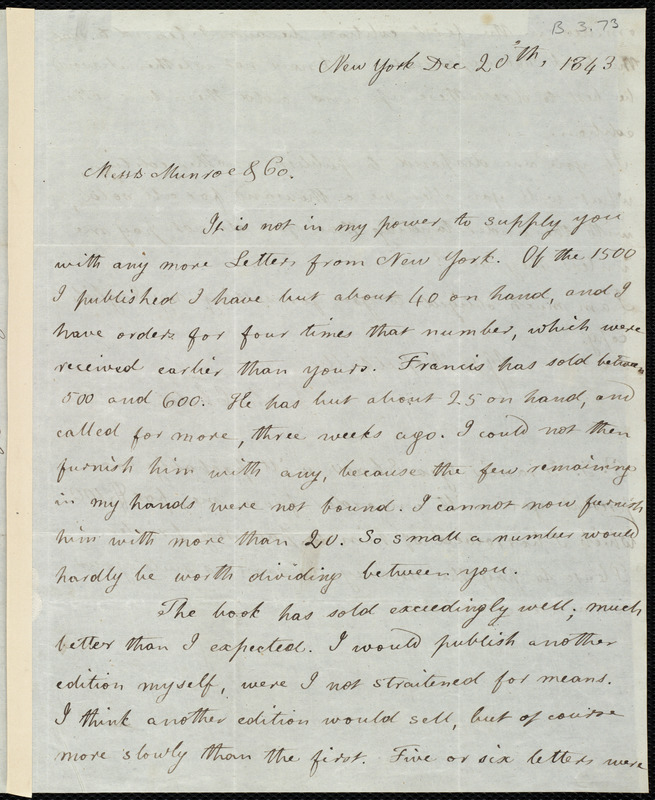 Letter from Lydia Maria Child, New York, to James Munroe and Company ...