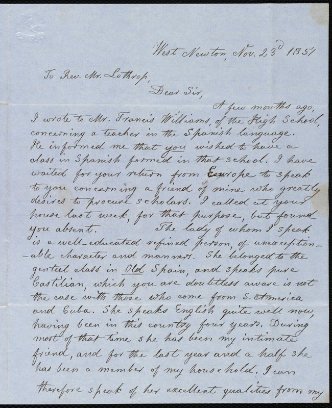 Letter from Lydia Maria Child, West Newton, to Samuel Kirkland Lothrop ...