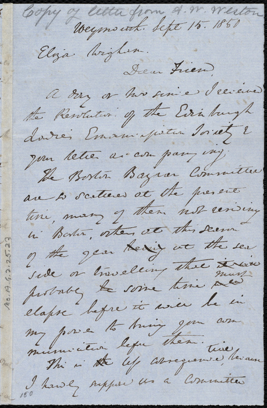 Draft of letter from Anne Warren Weston, Weymouth, [Mass.], to Eliza ...