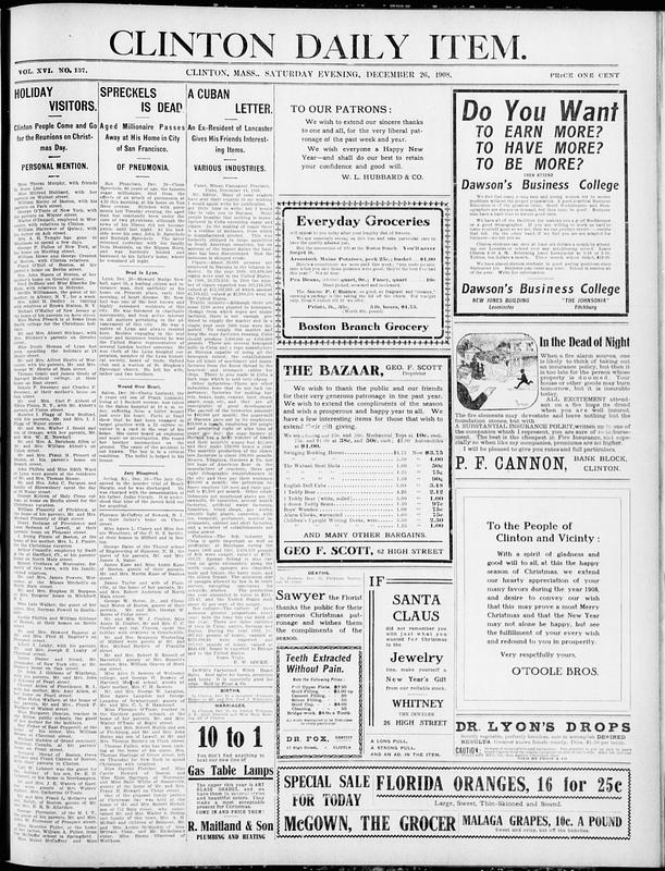 Clinton Daily Item. December 26, 1908 - Digital Commonwealth