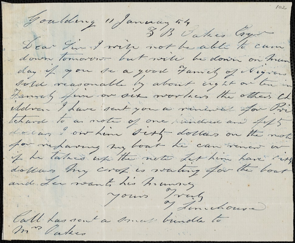 Thomas Limehouse, Goulding, S.C.[?], autograph letter signed to Ziba B ...