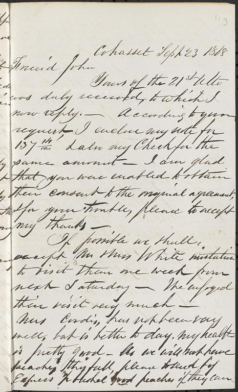Letter from Thomas F. Cordis to John D. Long, September 23, 1868 ...