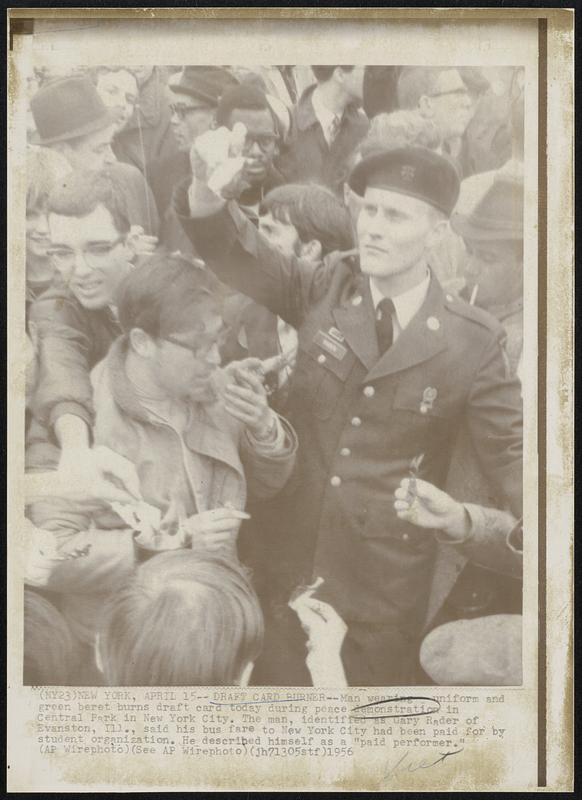 Draft Card Burner-- Man wearing uniform and green beret burns draft ...