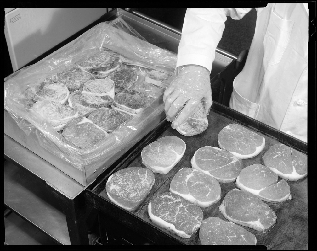 FSL, food, preparation, steaks, frozen, removed from box + placed on ...