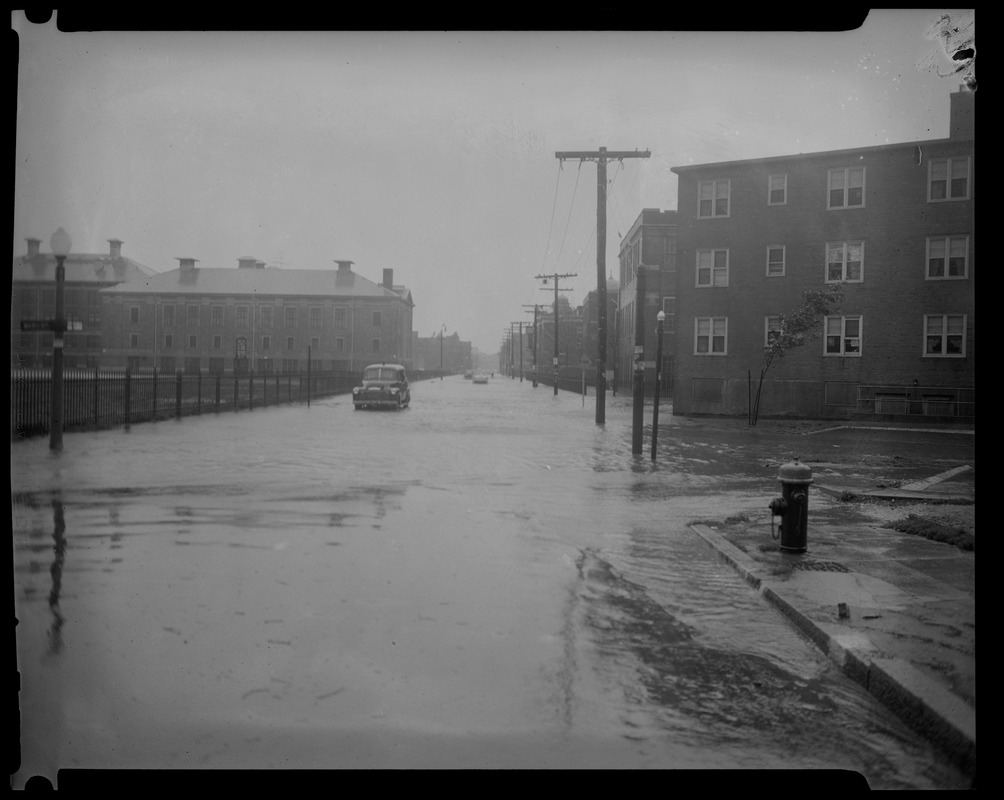 Flooded street intersection with fire hydrant - Digital Commonwealth