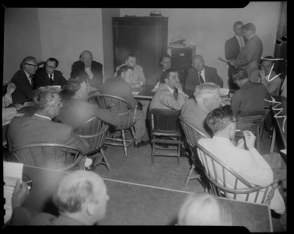 Group of men meeting, seated at tables - Digital Commonwealth